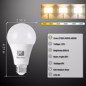 M MayJazz 3 Color Temperature LED Light Bulb A19 2700K-5000K-4000K,3CCT Color Changing Light Bulbs,Energy Saving 9W(60W Equivalent) LED Bulb,810LM,E26 Base for Bedroom,Living Room,2 Pack
