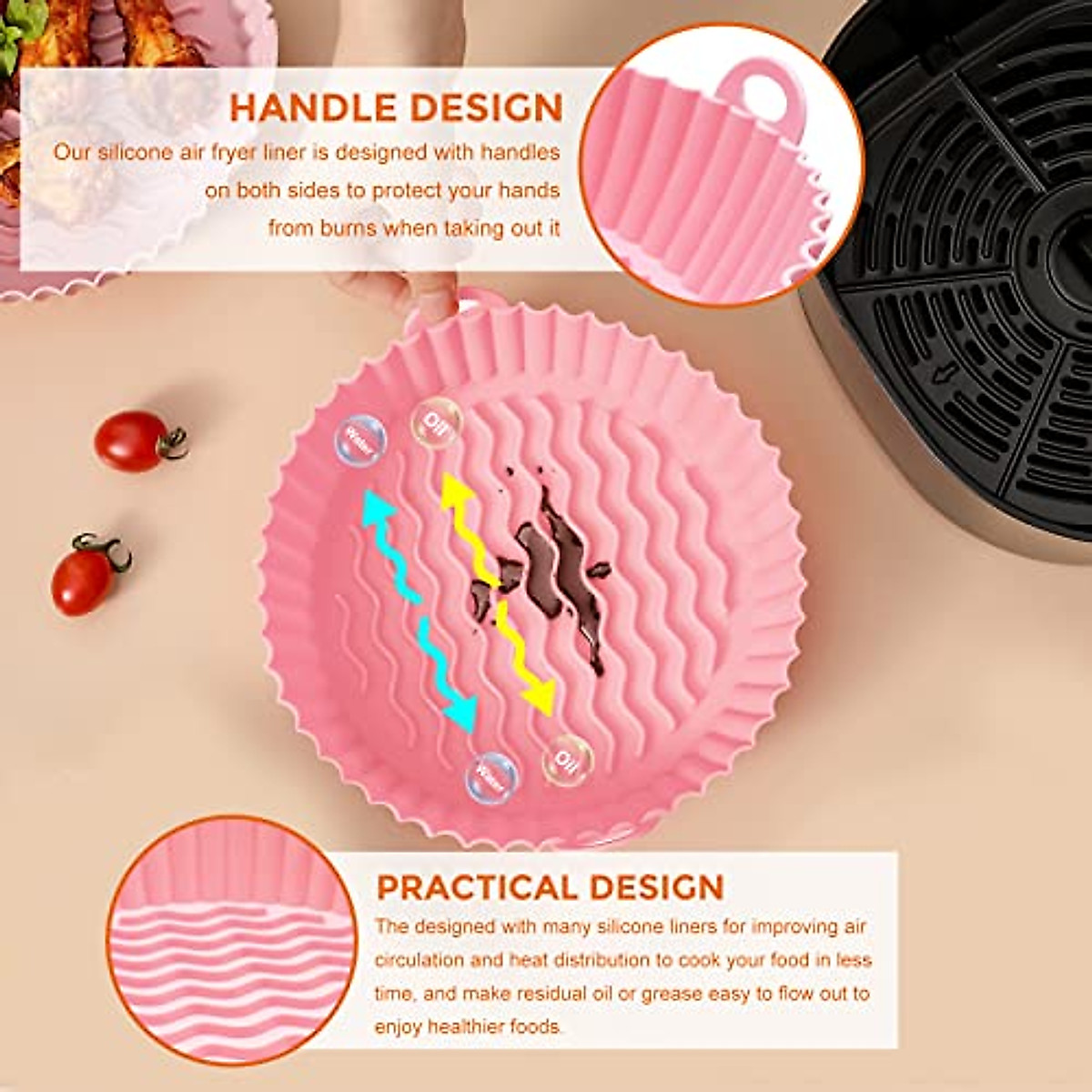 Silicone Air Fryer Liners, 7.5'' Pink 3 to 6 QT Round Reusable Air Fryer Silicone Bowls Pots Basket Covers Replacement of Parchment Paper for COSORI Ninja Air Fryers Oven Accessories