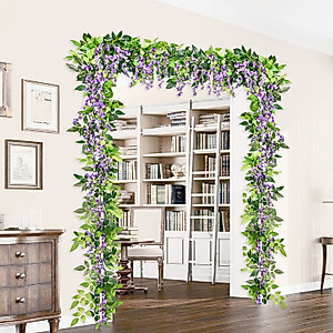 Sunm Boutique 4Pcs 6.6FT Artificial Flowers Silk Wisteria Garland Artificial Wisteria Vine Rattan Silk Hanging Flower Purple Wisteria Vine Flower for Home Garden Ceremony Wedding Arch Floral Decor