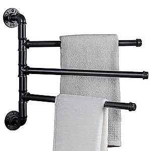 MyGift Wall Mounted Bathroom Towel Rack, Black Metal Industrial Pipe Design Swivel 3 Bar Towel Rack
