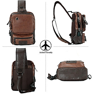 AONETIGER Small Brown Sling Crossbody Backpack Shoulder Bag, Vintage PU Leather Casual Daypack Rucksack with USB Charger bag for Men Women