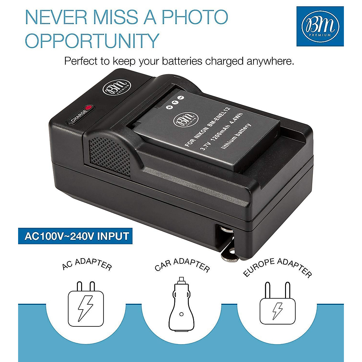 BM Premium 2 EN-EL12 Batteries and Charger for Nikon Coolpix A1000 B600 W300 A900 AW100 AW110 AW120 AW130 S6300 S8100 S8200 S9050 S9200 S9300 S9400 S9500 S9700 S9900 P310 P330 P340 KeyMission 170, 360