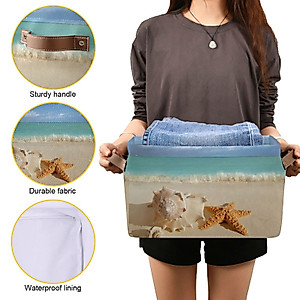 ALAZA Sea Shells Starfish Sand Turquoise Foldable Storage Box Storage Basket Organizer Bins with Handles for Shelf Closet Living Room Bedroom Home Office 1 Pack