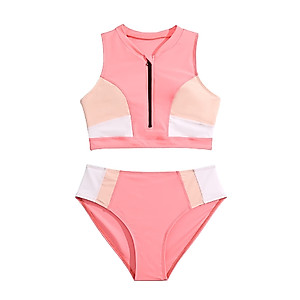 SOLY HUX Girl's Color Block Zipper Front Bikini Set Bathing Suits 2 Piece Swimsuit Coral Pink Colorblock 14Y