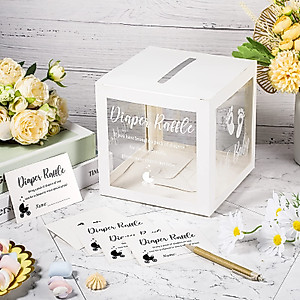 Funrous 50 Diaper Raffle Tickets with Box for Baby Shower Game Invitations Diaper Raffle Card for Gender Reveal Baby Shower Party Decoration Table Centerpiece (Clear White)