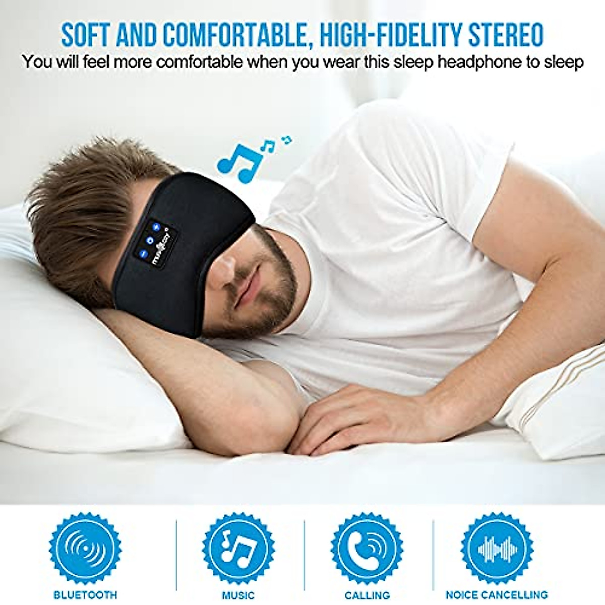 MUSICOZY Sleep Headphones Bluetooth 5.2 Headband Sleeping Headphones Eye Mask for Women Men Unisex, Wireless Music Mask Built-in Speakers Microphone Adjustable Strap for Side Sleepers Travel Office