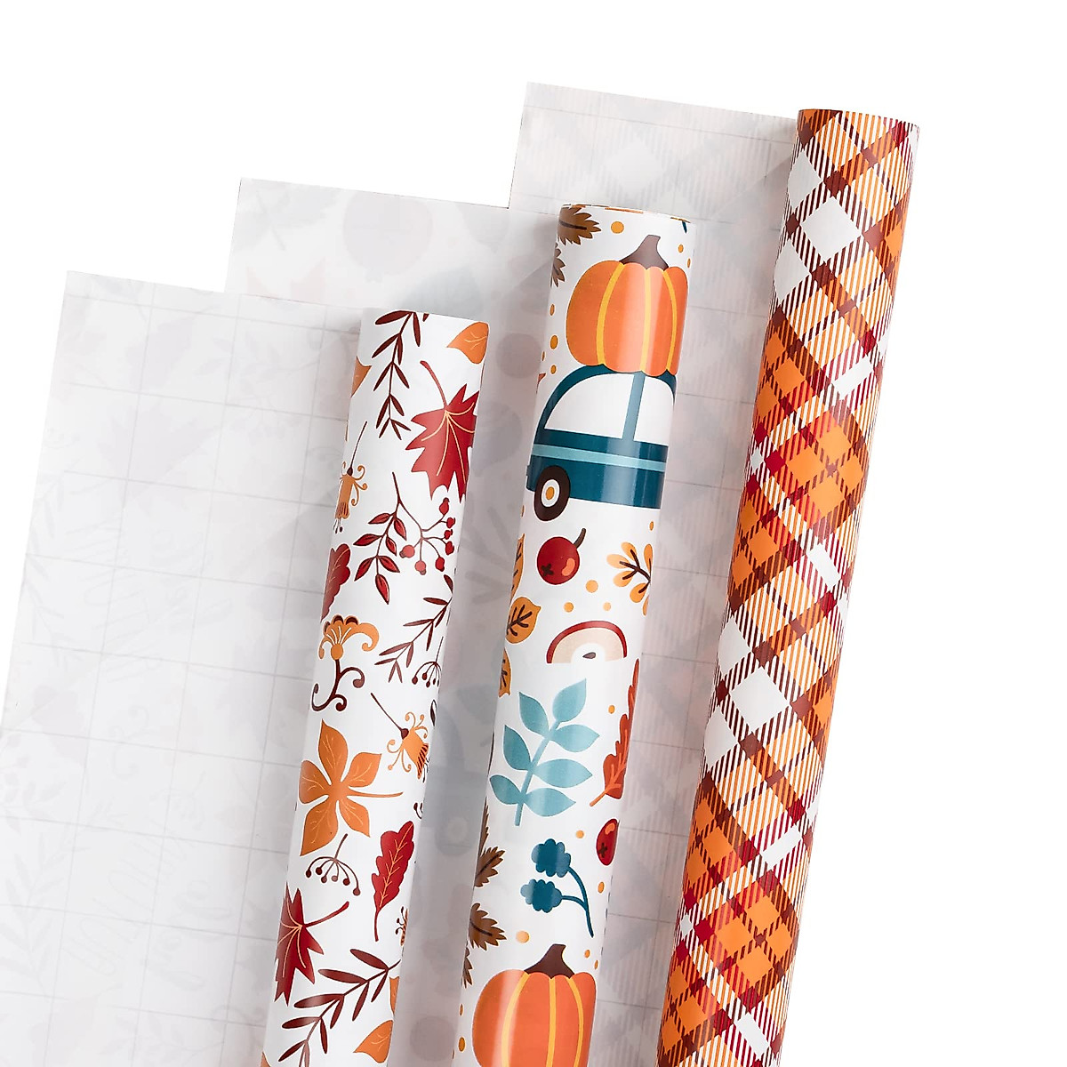 LeZakaa Fall Wrapping Paper Roll - Mini Roll - Maple Leaf with Hello Autumn Chestnut and Car/Plaid Print for Gift Wrap, Craft - 17 x 120 inches - 3 Rolls (42.5 sq.ft.ttl.)
