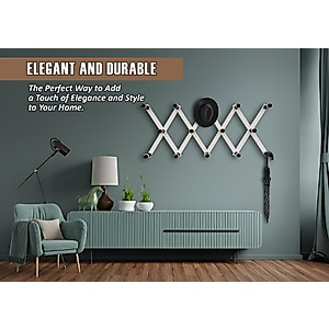 LENOX BOSS Accordion Wall Hanger, Expandable Coat Rack Wall Mounted, Wood Wall Accordion Hook Rack- Accordion Hat Rack for Coffee Mugs, Jackets, Purses, Scarfs, Non-Slip 14 peg Hooks White