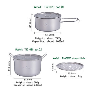 Boundless Voyage Camping Cookware Lightweight Cooking Pot Set Titanium Pot Portable for Outdoor Cooking Traveling Hiking Trekking Backpacking, 1-5 Person (107C-108C-29P)