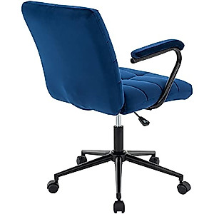 MFD LIVING Velvet Home Office Desk Chair, Upholstered Adjustable Swivel Task Chair with Wheels, Tufted Mid-Back Computer Chair with Arms, for Study Living Room Vanity (Blue, Black Base)