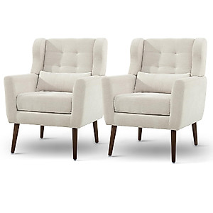 cinkehome Accent Chairs Set of 2 for Living Room, Chenille Upholstered Mordern Armchair, Comfy Soft Padded Lounge Reading Arm Chair in Small Space, Bedroom, Pillow, Solid Wood Leg, Beige