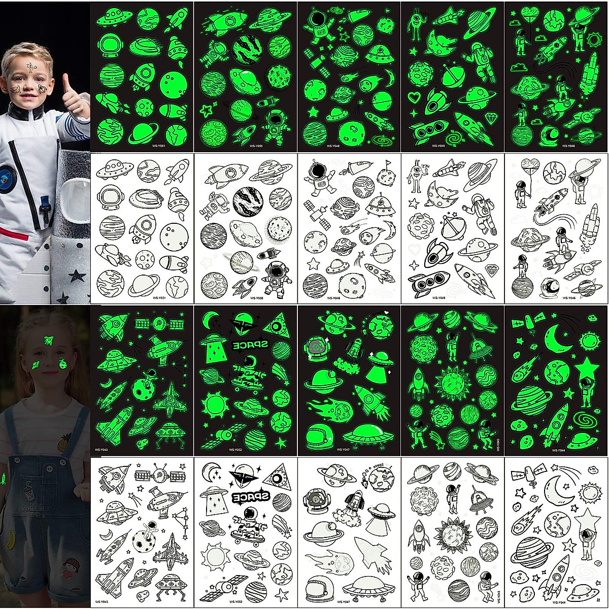 Konsait 140pcs Glow in The Dark Space Temporary Tattoo for Kids,Luminous Solar System Universe Outer Space UFO Temporary Tattoos for Boys Girls Stockings Stuffers Goody Filler Birthday Party Favor
