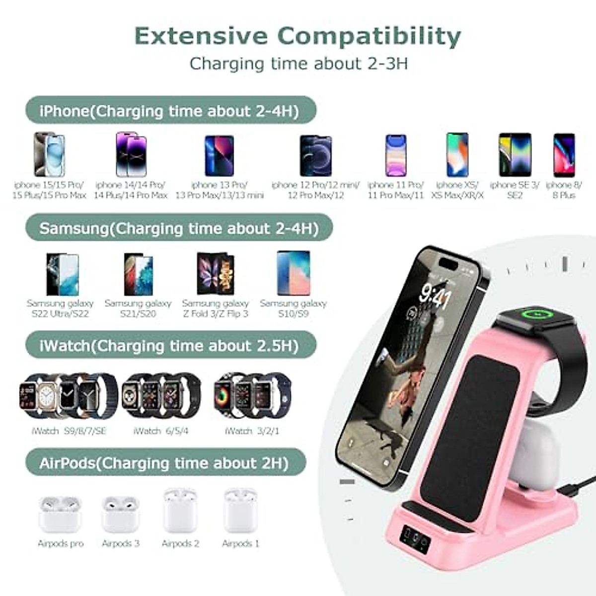 DDUAN Wireless Charging Station, 3 in 1 Fast Charging Stand, Wireless Charger for Apple Watch 8/7/6/5/4/3 & iPhone15/14/13/12/11/Pro/Max/X/XS/Max/XR/8, Air-pods/Pro(QC3.0 Adapter Included)-Pink