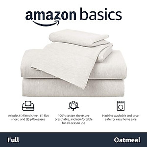 Amazon Basics 4 Piece Bed Sheets Set, 100% Cotton Jersey, Includes Super Soft, Flat and Fitted Sheets, Pillowcase, Full, Oatmeal, Solid
