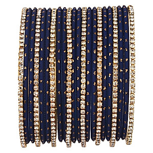 Efulgenz Indian Bangle Set Rhinestone CZ Plain Metal Bracelet Bangle Jewelry for Women (20 Pcs) Size-2.6, Blue