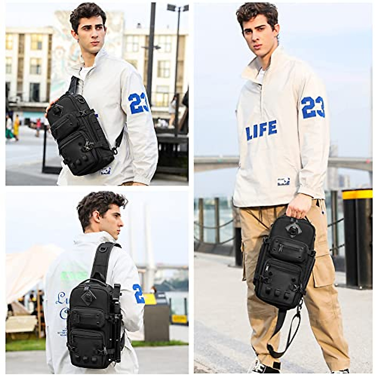 Uaskmeyt Sling Bag for Men, Sling Backpack Shoulder Crossbody Bag Waterproof Heavy Duty Over Shoulder Bag Large Capacity Casaul Daypacks (Black)