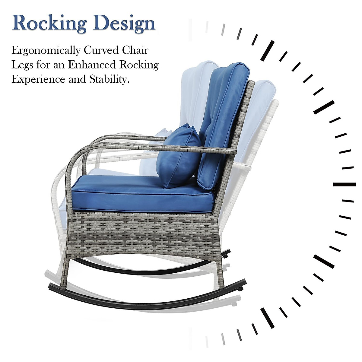 FUNKOCO 3 Pieces Patio PE Rattan Conversation Chair Set, Outdoor Furniture Rocking Chair Set with Water-Proof Cushion&Coffee Table for Garden,Backyard and Porch (Dark Blue)