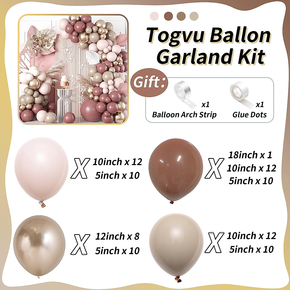 Dusty Pink Beige Gold Boho Balloon Garland Arch Kit, Neutral Blush Nude Tan Champagne Gold Double Stuffed Balloon Arch Kit for Women Birthday Wedding Baby Bridal Shower Engagement Party Decorations