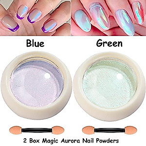 2 Jars Solid Pearl Aurora Nail Powder Nails Glitter Blue Green Unicorn Chrome Pigment Mermaid Neon Laser Ice Powder Holographic Magic Manicure Fairy Dust Nail Art Decoration with 2 Eyeshadow Sticks
