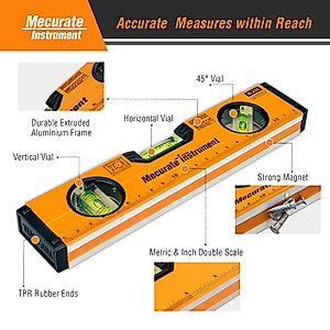 Mecurate Instrument Level Tool, 9 inch, 230mm, Metric&Inch Double Scale Magnetic Torpedo Level and Ruler