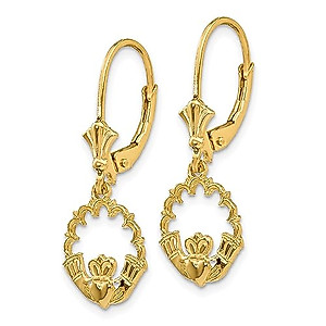 14K Yellow Gold Heart Love Irish Claddagh Celtic Circle Round Drop Dangle Earrings Jewelry
