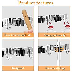 2 Pack Mop And Broom Holder Wall Mount, Upgraded Stainless Steel Broom Broom Holder Wall Mount, Heavy Duty Storage Rack Wall Mounted Adhesive for Home Kitchen Garden Laundry (Silver, 3 Racks 4 Hooks)