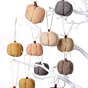 Hiboom 12 Pcs Farmhouse Fall Thanksgiving Decor Plaid Fabric Acorns Pumpkin Hanging Ornaments Autumn Tray Table Decor Thanksgiving Tree Decoration (Pumpkin)