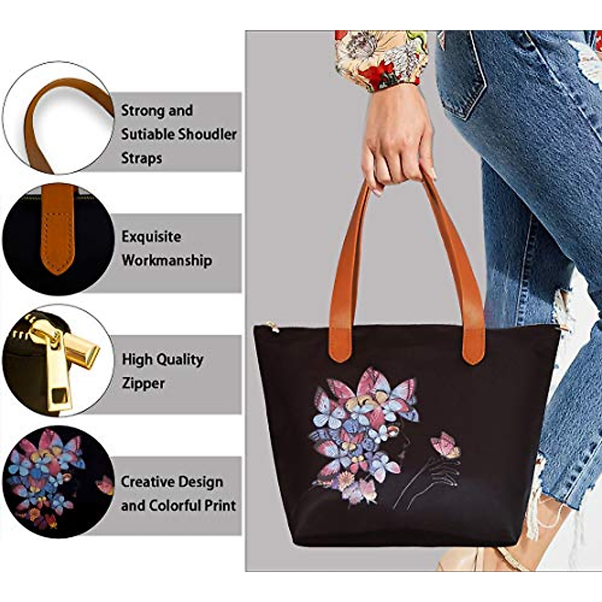 Work Tote bag with Zipper Butterfly bag Shoulder bag Handbag for Women Waterproof Nylon Travel, School, Gifts Y2K Aesthetic (black)
