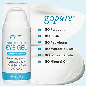 goPure Youth Glow Eye Gel - Anti-Aging Eye Cream that Soothes and Hydrates, Made with Matrixyl 3000 and Hyaluronic Acid for Improve the Look of Puffiness, Dark Circles, and Under Eye Bags - 1 fl oz