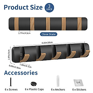 Temste 3 Pack Wall Mounted Coat Rack, Floating Rack with Retractable Hooks, Door Wall Coat Rack Plastic Space Saving Wall Hangers Hook Rail for Entryway Bathroom Hat Towel,Black