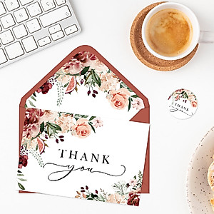 Whaline 24 Pack Floral Thank You Cards Bulk Watercolor Flower Thank You Note Cards with Envelopes Stickers for Fall Wedding Bridal Shower Birthday Invitation