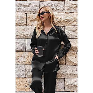 Ekouaer Womens Silk 3 Piece Pajamas Satin Camisole Sleepwear Set Button Down Long Sleeve Pjs with Pants, Large Black