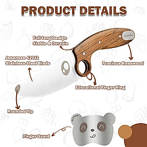 ZLemma Kids Knife Set for Real Cooking with Sharped Blade for Children, Finger Guard & Educational Ring for Cutting Trainning, Rosewood Handle & Stainless Steel Blade Sharped Edge