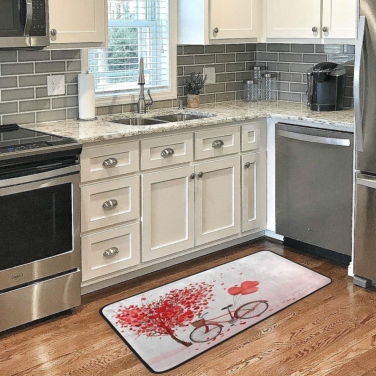 Kitchen Rugs Red Love Heart Bicycle Valentine's Day Design Non-Slip Soft Kitchen Mats Bath Rug Runner Doormats Carpet for Home Decor, 39" X 20"