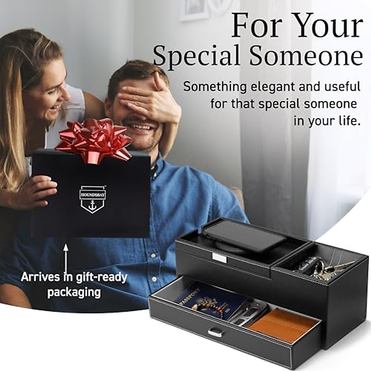 HOUNDSBAY Valet Tray and Nightstand Organizer - Hand Crafted EDC Tray with Phone Area, Cable Cutaway, Drawer – Durable, Scratch Resistant Materials - Compact Footprint with Ample Storage - Valet Box