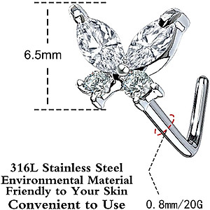 CHARMONLINE CZ Butterfly Flower L Bend Stud Nose Ring 20G L Shaped Nose Studs Nose Hoop Rings Nose Body Piercing for Women Men