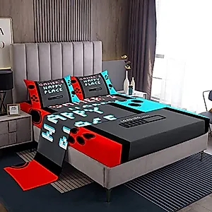Gamer Sheet Set King Size Video Game Gamepad Bed Sheets Set Bedroom Novelty Modern Game Controller Decor Sheets with Deep Pocket Fitted Sheet Women Men Game Room Decor Bedding Set With 2 Pillow Case