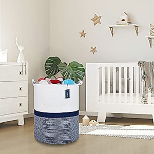 COMSE Extra Large Blanket Basket, Tall Storage Basket, 15.7”x 21.7”, Tall Rope Laundry Basket, Cotton Rope Basket, XXXL Laundry Basket, Toy Basket, Woven Basket, Clothes Baskets, Blend White/Navy Blue