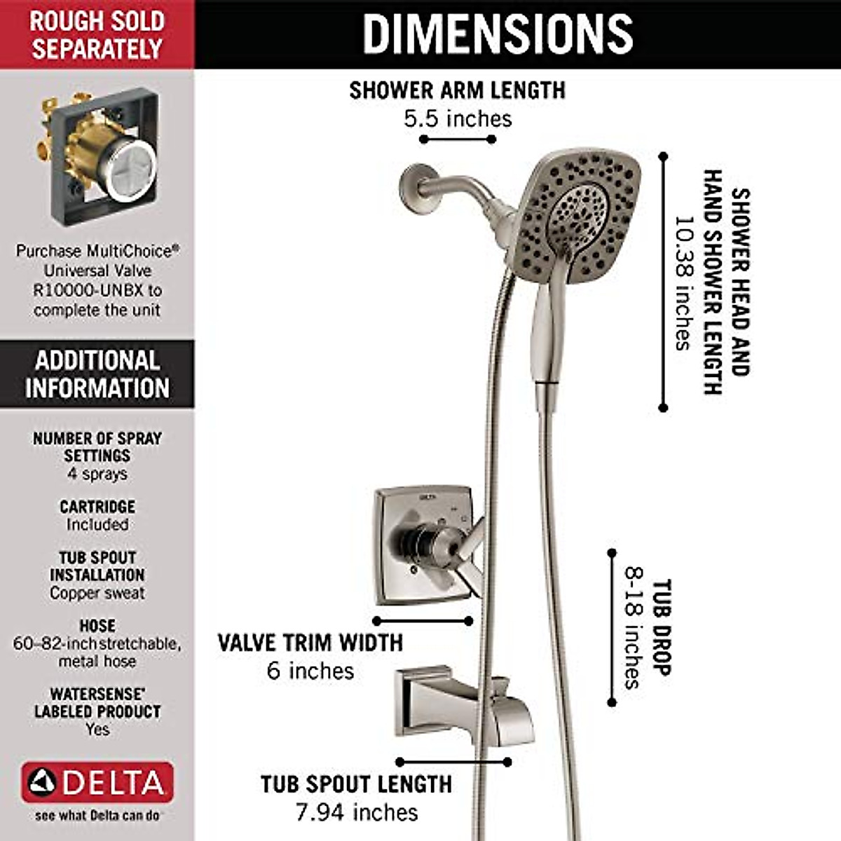 Delta Faucet Ashlyn 17 Series Dual-Function Tub and Shower Trim Kit with 2-Spray Touch-Clean In2ition 2-in-1 Hand Held Shower Head with Hose, Stainless T17464-SS-I (Valve Not Included)