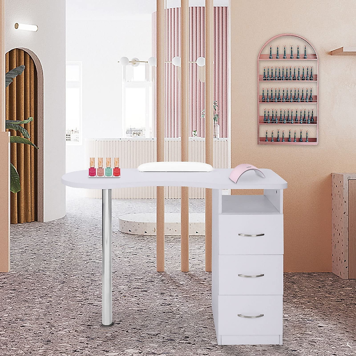 mefeir Manicure Table Nail Desk with 3 Drawers & Arm Rest Cushion for Nail Tech, Beauty Spa Salon Home Wooden Technician Workstation Nail Art Equipment (Titanium White)