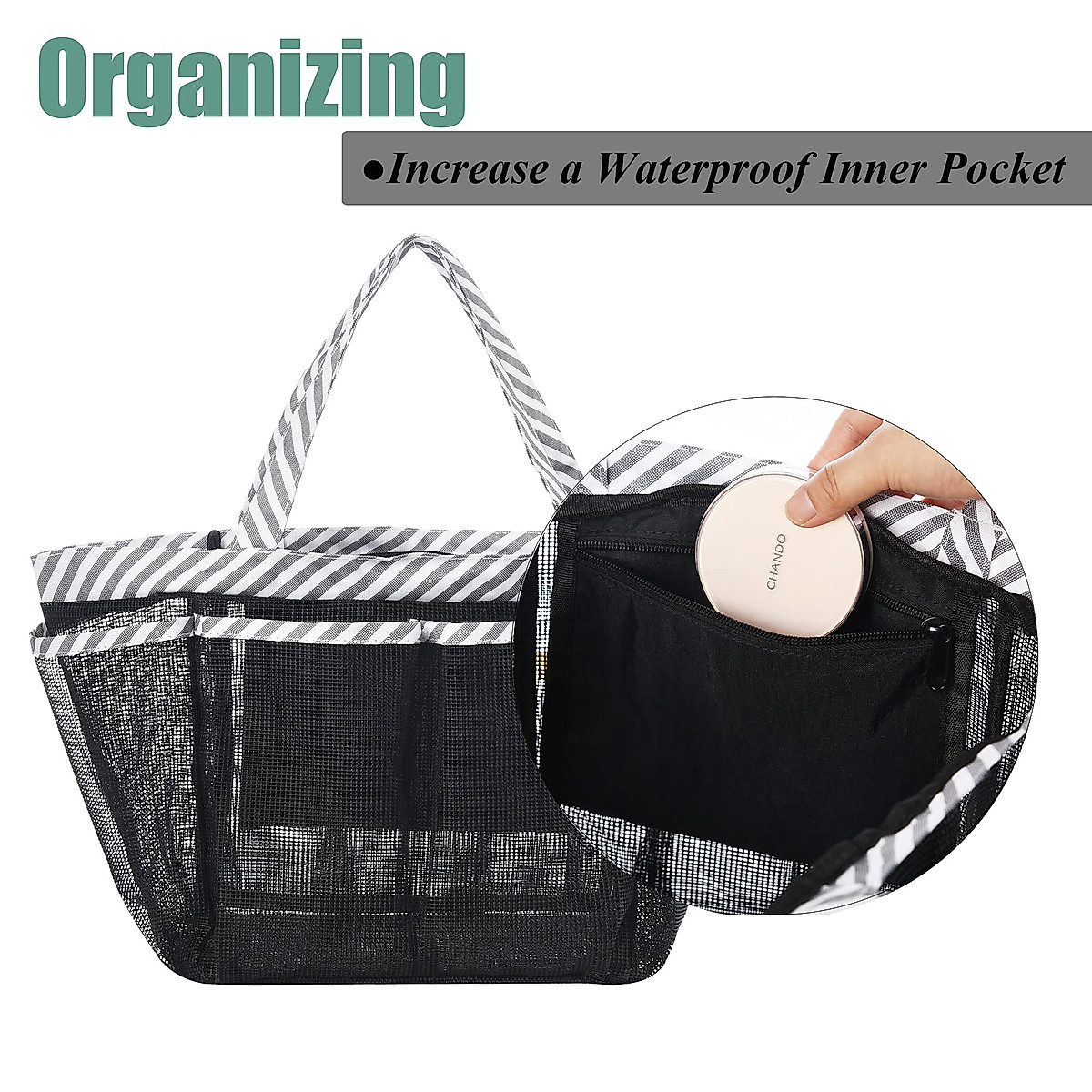 WEHUSE Mesh Shower Caddy Tote with Waterproof Inner Bag, Extra Large Black Portable Shower Caddy for College Dorm Bathroom Camp, 8 Basket Pocket