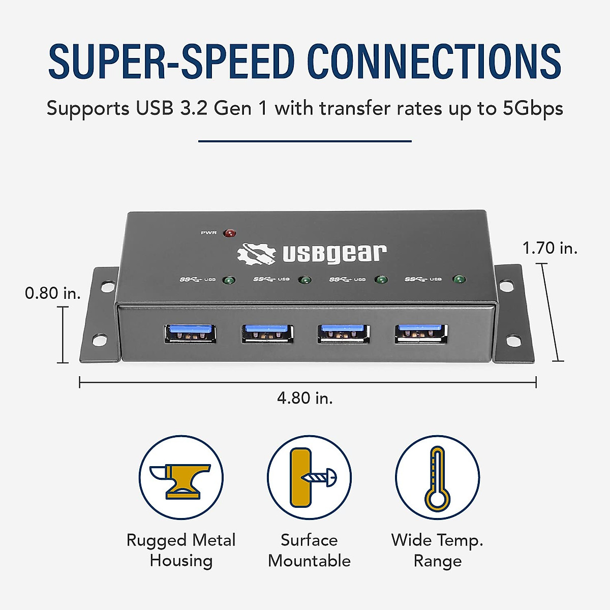 Compact 4-Port USB 3.2 Gen 1 Mini High-Power Hub w/Power Adapter, Port Status LEDs, 5 Gbps Data, Surface Mountable
