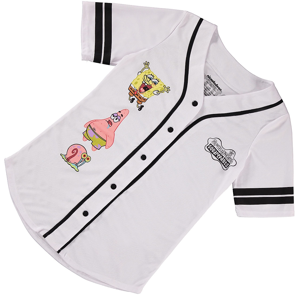SpongeBob SquarePants Ladies Baseball Jersey - Spongebob, Mr Krabs, Squidward, Patrick Star - Mesh Button Down Baseball Jersey (White Baseball, X-Small)
