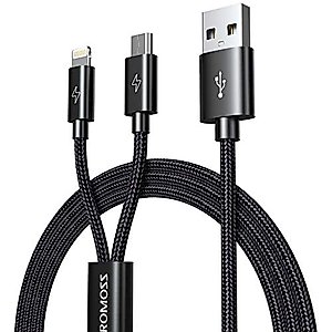 ROMOSS Multi USB Charging Cable - 5FT Nylon Braided 2 in 1 Fast Charger Micro USB Cable Compatible for iPhone, iPad, Airpods Earphone, Galaxy S7 J7 Note 5, Fire Tablets and PS4