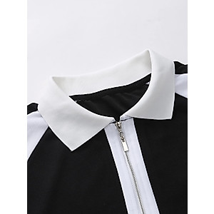 GORGLITTER Men's Color Block Letter Graphic Polo Shirt Zipper Raglan Short Sleeve Collar Tops Black Small