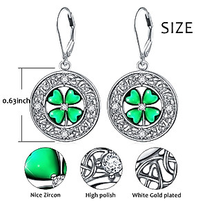 Shamrock Earrings Sterling Silver St Patrick’s Day Earrings Celtic Knot Leverback Earring Four Leaf Clover Earrings Green Irish Jewelry Gifts