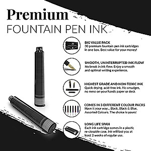 Wordsworth & Black Fountain Pen Ink Refills - Set of 30 Black Ink Cartridges - International Standard Size - Length APPR 2.04 Inch - Base Diameter APPR 0.24 Inch - Disposable and Generic