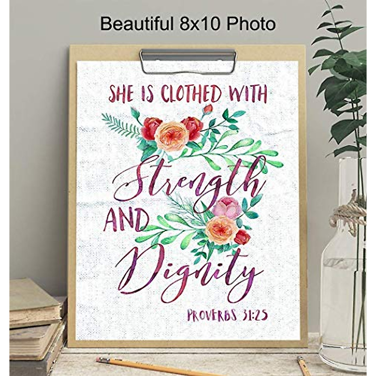 She is Clothed With Strength and Dignity - Christian Wall Decor - Proverbs 31 - Bible Verse Wall Art - Scripture Wall Decor - Inspirational Gift for Women, Girls - Religious Gifts - God Wall Decor