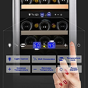 Tylza Mini Fridge 15 Inch Wine Cooler Under Counter, 30 Bottle Dual Zone Wine Fridge with Stainless Steel, Wine Refrigerator Freestanding, and Built-in Wine Cellars