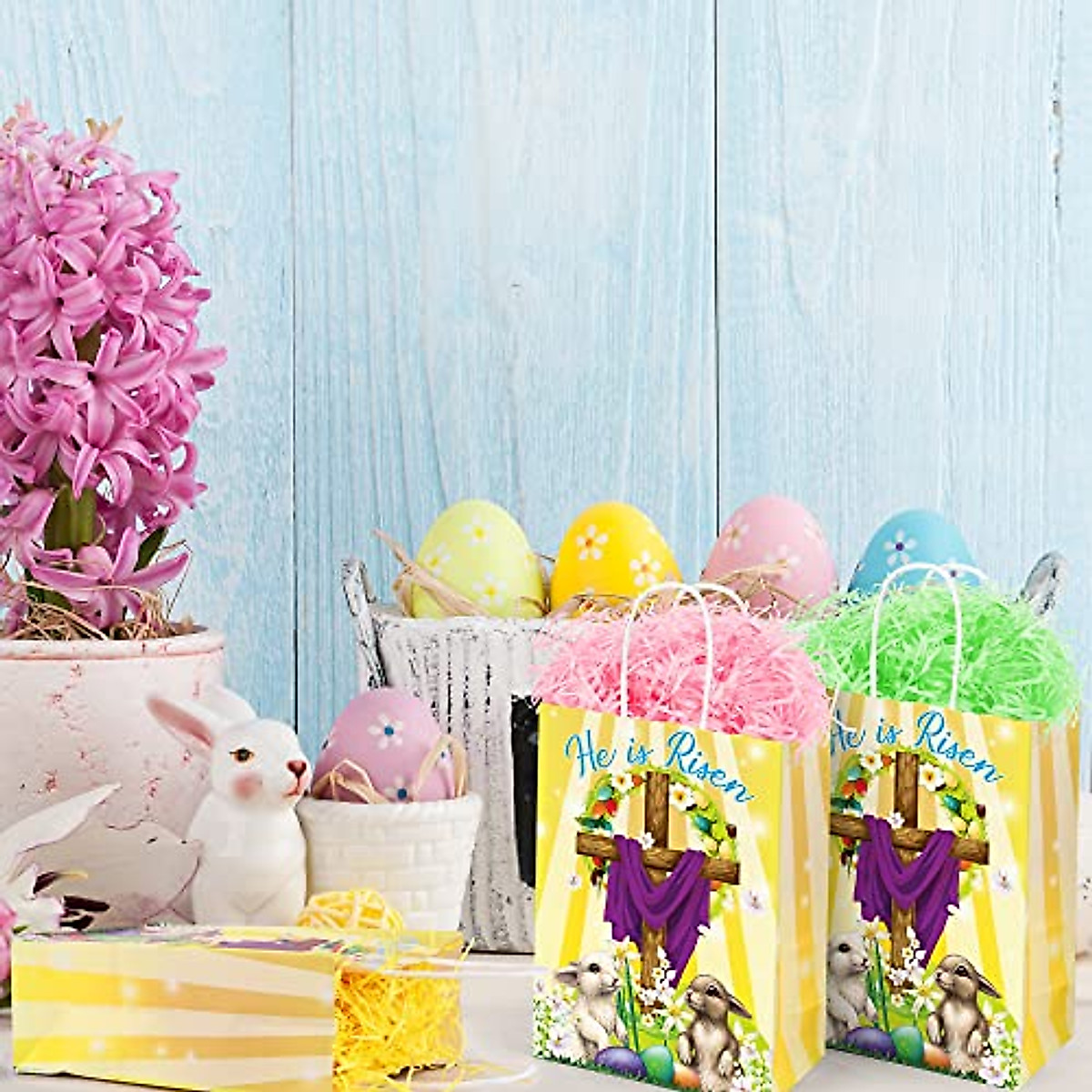 MIMIND 24 Pieces Easter Bunny Paper Gift Bags Inspiring He Is Risen Sign Candy Goodie Bags with Double Handles and Rayon Raffia for Easter Theme Bible Party Favors Egg Hunt Supplies